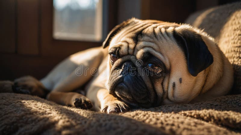 A Relaxed Pug Lying on a Cozy Surface, Basking in Soft Natural Light ...