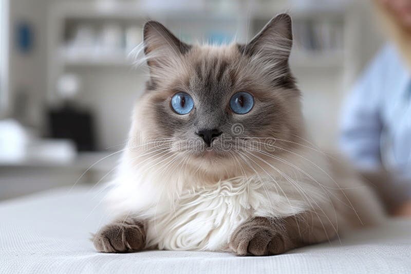 Relaxed Siamese Cat with Captivating Blue Eyes on Soft Surface. Stock ...