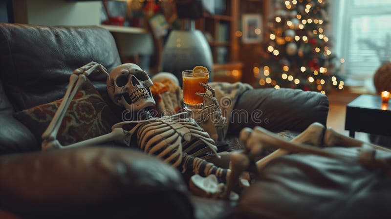 Relaxed Skeleton Drinking Juice Stock Illustration - Illustration of ...