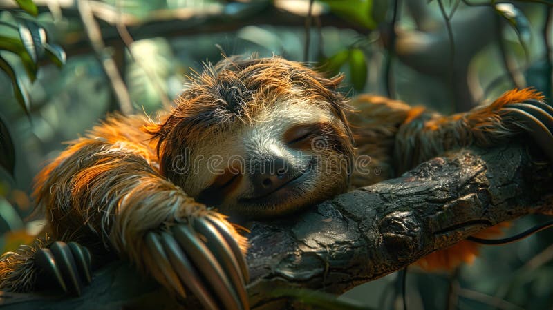 A Relaxed Sloth Sleeping on a Tree Branch in a Tropical Rainforest ...