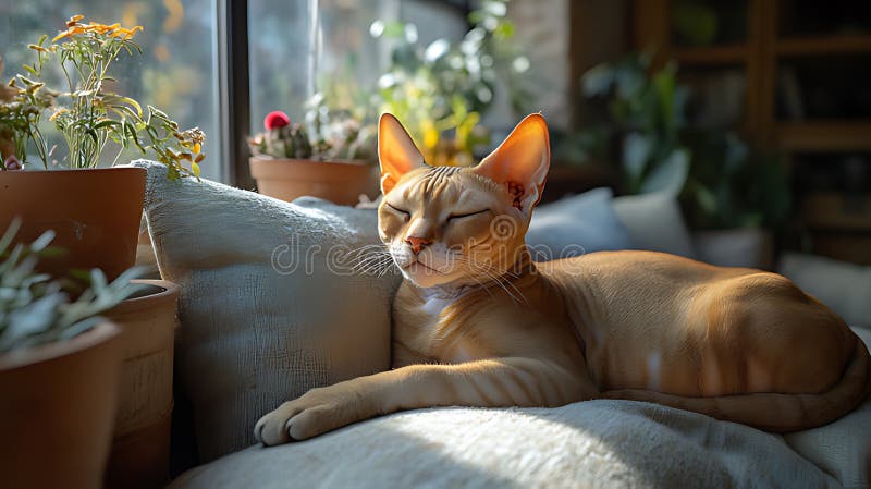 Relaxed Sphynx Cat Napping Sunlit Windowsill, Plants Stock Illustration ...