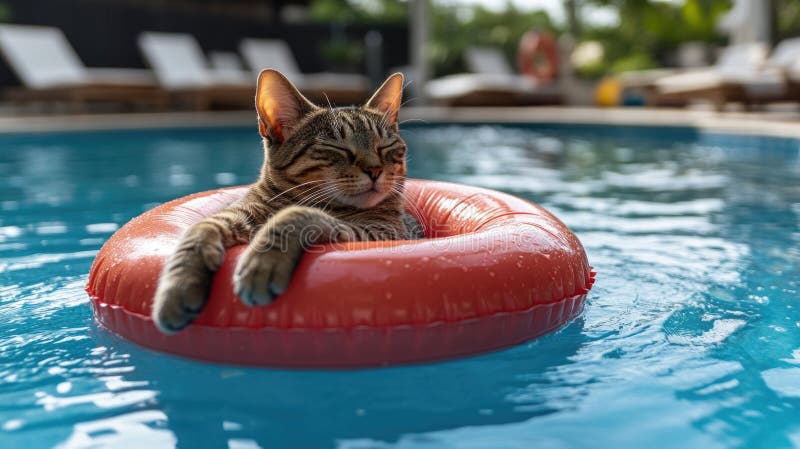 Relaxed Tabby Cat Floating on Inflatable Ring in Swimming Pool Stock ...