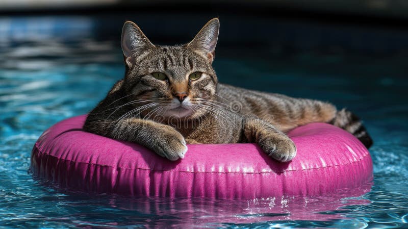 Relaxed Tabby Cat Floating on Pink Inflatable in a Pool Stock Photo ...