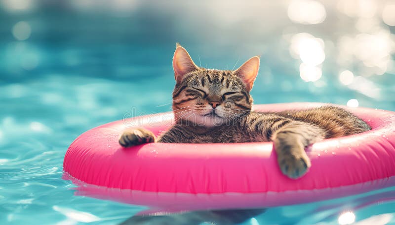 Relaxed Tabby Cat Floating on Pink Inflatable in a Pool Stock Photo ...