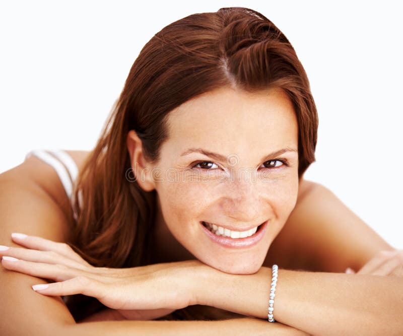 Relaxed Young Lady Lying Down Looking Happy. Closeup Portrait of ...