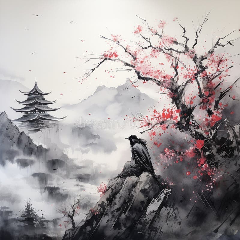 Relaxing Abstract Sumi-e Ink Painting Stock Illustration - Illustration ...