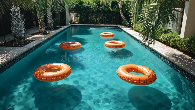 Relaxing Afternoon by the Pool with Orange Floaters in a Lush Backyard ...