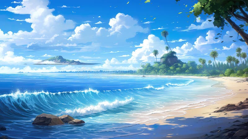 Relaxing Anime Artwork of a Tropical Beach Stock Illustration ...