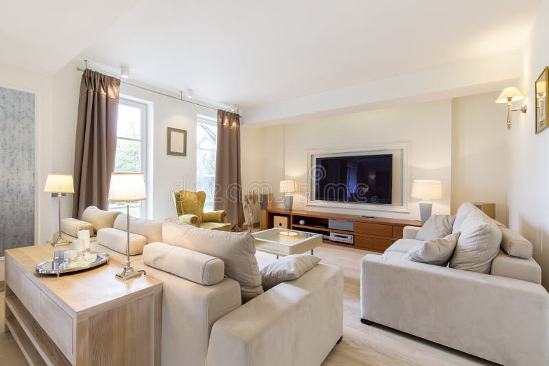 Relaxing Area with Couches and TV Stock Image - Image of relax, home ...