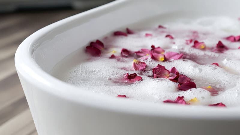 Relaxing Aromatherapy Bath with Pink Rose Petals and Bubbles Stock ...
