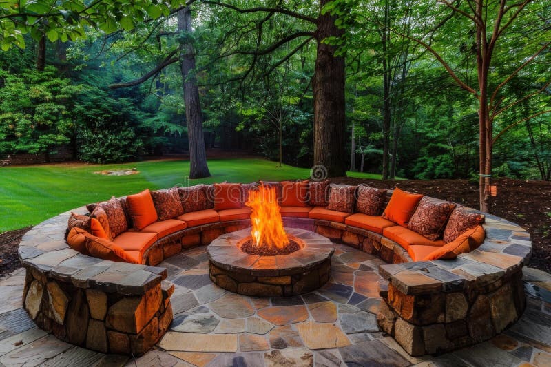 Relaxing Around a Backyard Fire Pit Stock Image - Image of lawn ...