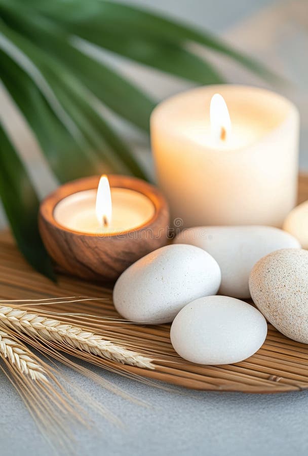 Relaxing Arrangement of Candles and Stones in a Tranquil Setting with ...