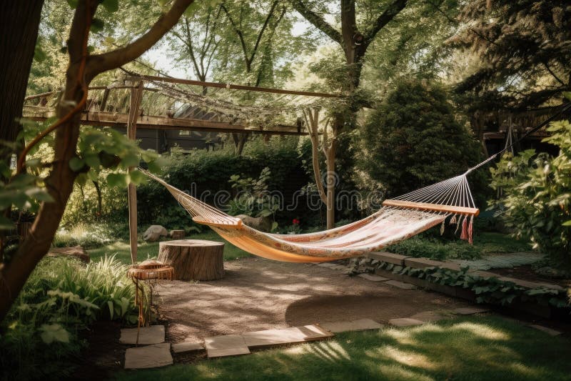 Relaxing Backyard Scene with Hammock and Picnic Basket, Perfect for a ...