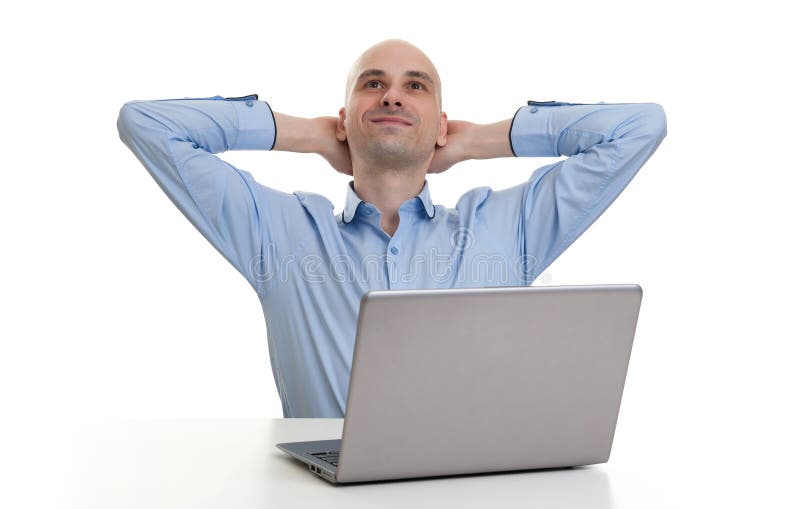 Relaxing Bald Man with Laptop Computer Stock Image - Image of relax ...