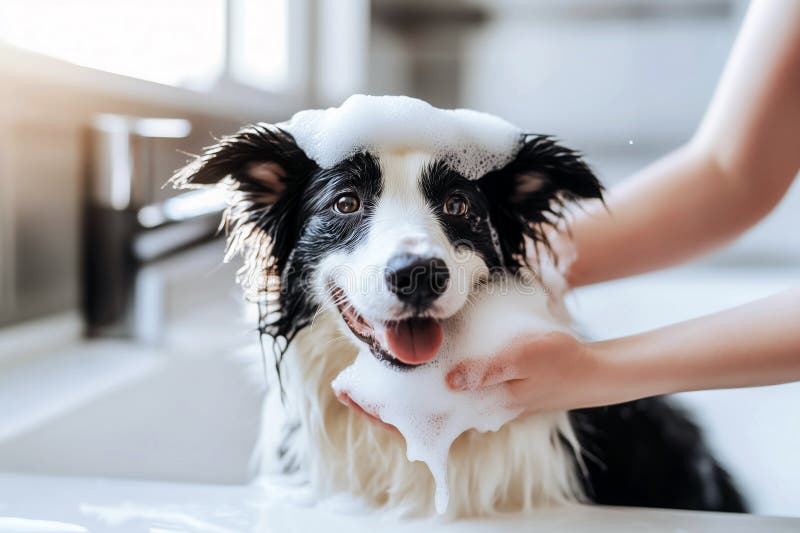 Relaxing Bath for a Border Collie Dog, Hands Lathering Soap on Its Fur ...
