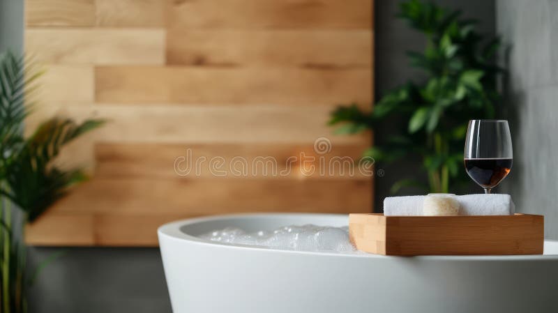 Relaxing Bath with Bubbles, Wine Glass, Natural Elements, and Wooden ...