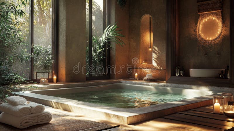 A Relaxing Bath in a Luxurious Tropical Bathroom Stock Illustration ...