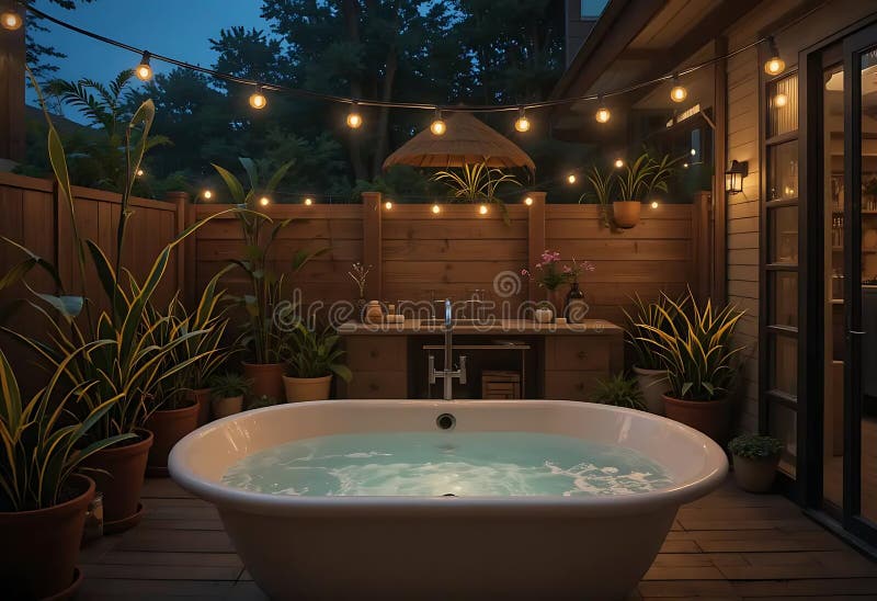 Relaxing Bath in Outdoor Spa at Night with String Lights Stock Photo ...
