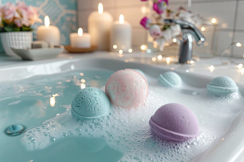 Relaxing Bath Setting with Colorful Bath Bombs Dissolving in a Bubbly ...