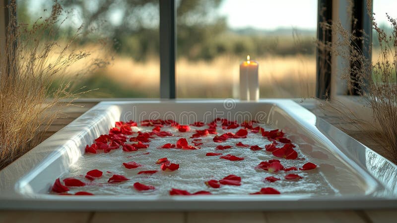 Relaxing Bath Setup with Rose Petals and Candle in a Serene Countryside ...