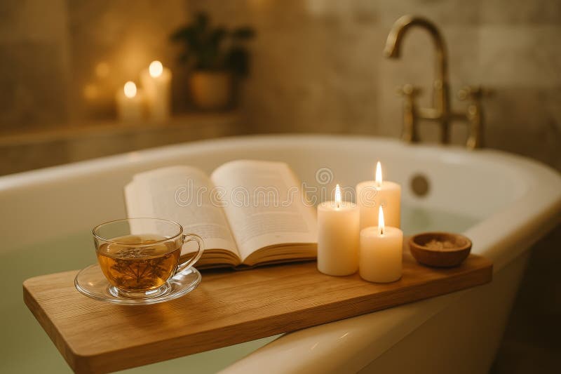 Relaxing Bath Setup with Tea, Candles, and an Open Book at Home Stock ...
