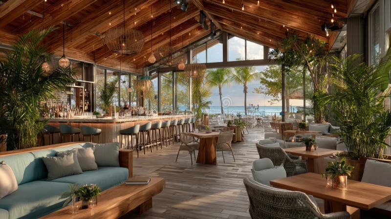 Relaxing Beach Bar Interior Design with Ocean View Stock Illustration ...