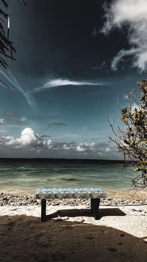 Relaxing beach bench stock photo. Image of clouds, beach - 254624292