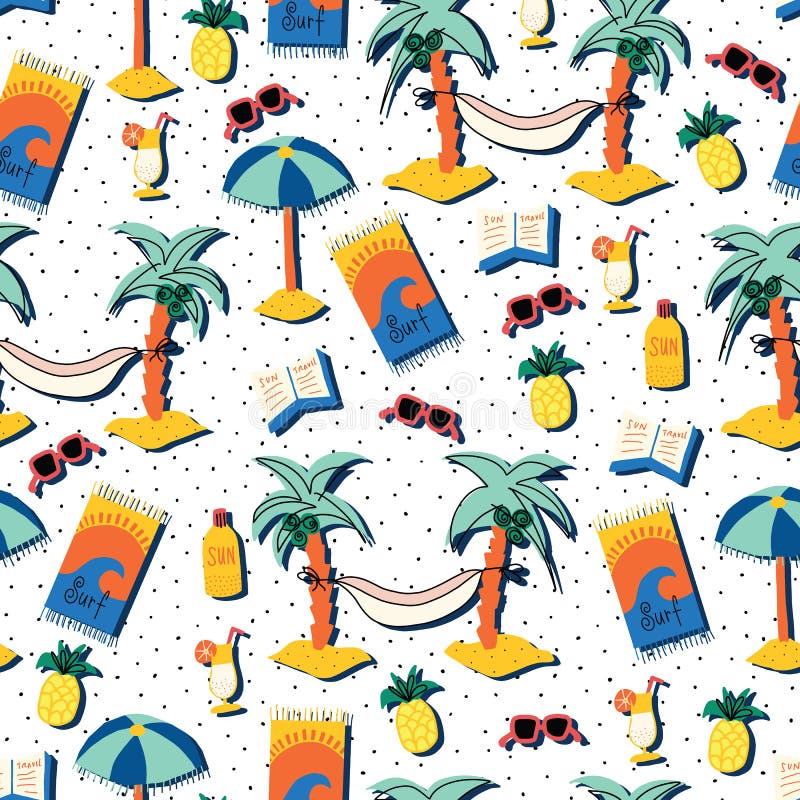 Relaxing Beach Day Seamless Vector Pattern. Summer Beach Repeating ...
