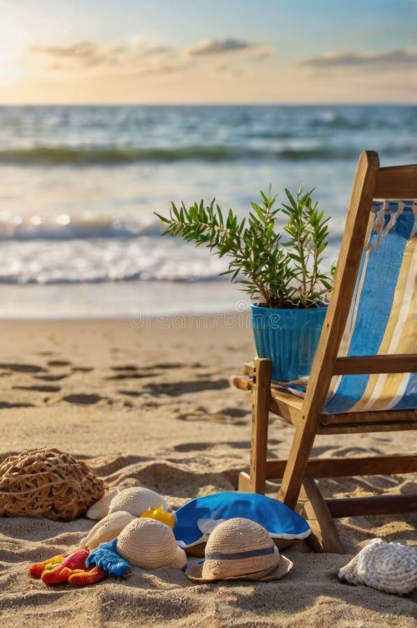 Relaxing Beach Scene with Chair and Summer Accessories at Sunset Stock ...