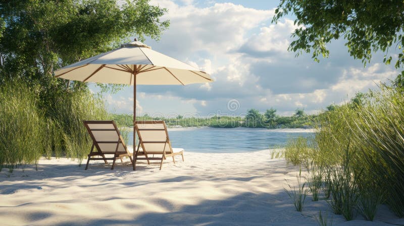 Relaxing Beach Scene with Chairs Umbrella and Calm Water Stock ...