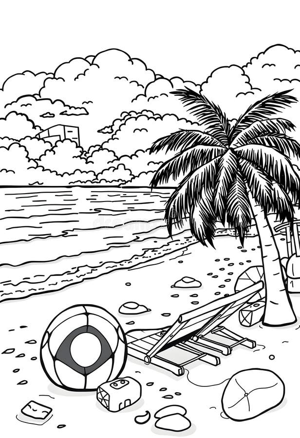 Relaxing Beach Scene Hand-drawn Style with Palm Tree and Seaside Stock ...