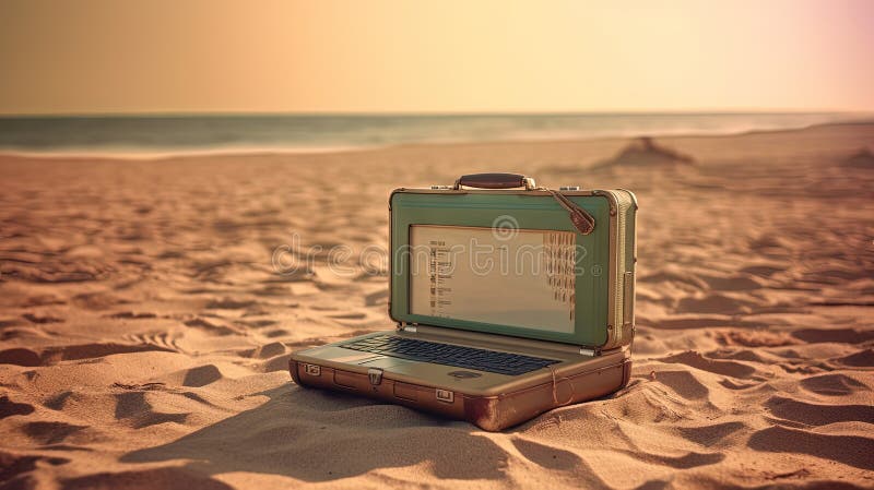 Relaxing Beach Scene with Laptop on the Sand. Retro Styled Vacation or ...