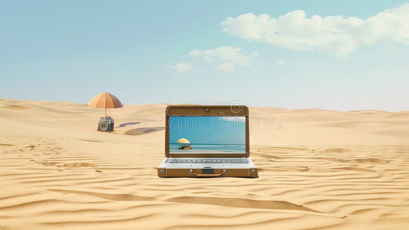 Relaxing Beach Scene with Laptop on the Sand. Retro Styled Vacation or ...