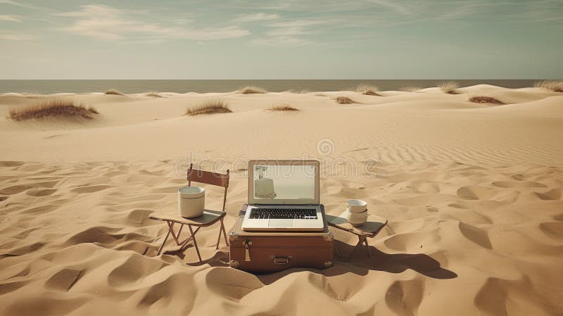 Relaxing Beach Scene with Laptop on the Sand. Retro Styled Vacation or ...