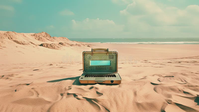Relaxing Beach Scene with Laptop on the Sand. Retro Styled Vacation or ...