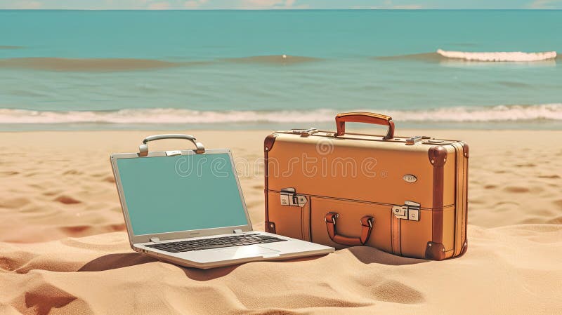 Relaxing Beach Scene with Laptop on the Sand. Retro Styled Vacation or ...