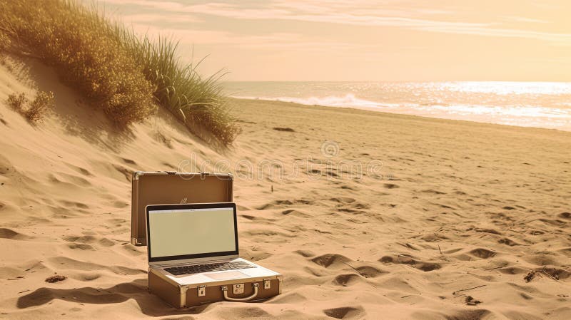 Relaxing Beach Scene with Laptop on the Sand. Retro Styled Vacation or ...
