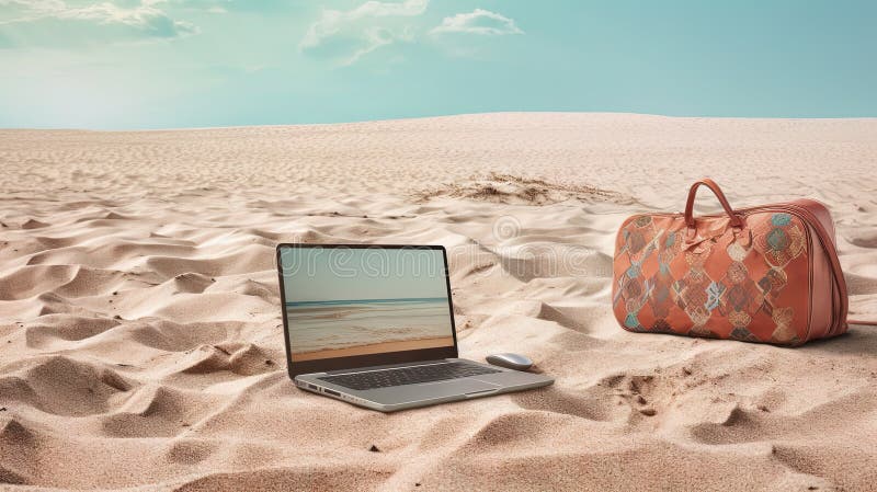 Relaxing Beach Scene with Laptop on the Sand. Retro Styled Vacation or ...