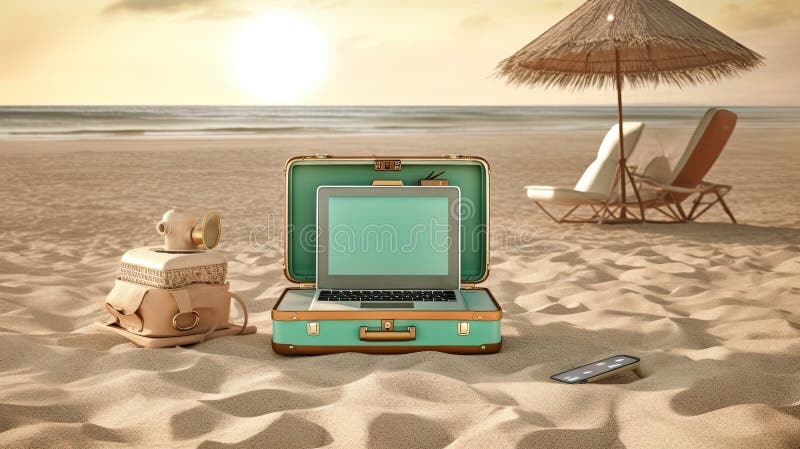 Relaxing Beach Scene with Laptop on the Sand. Retro Styled Vacation or ...