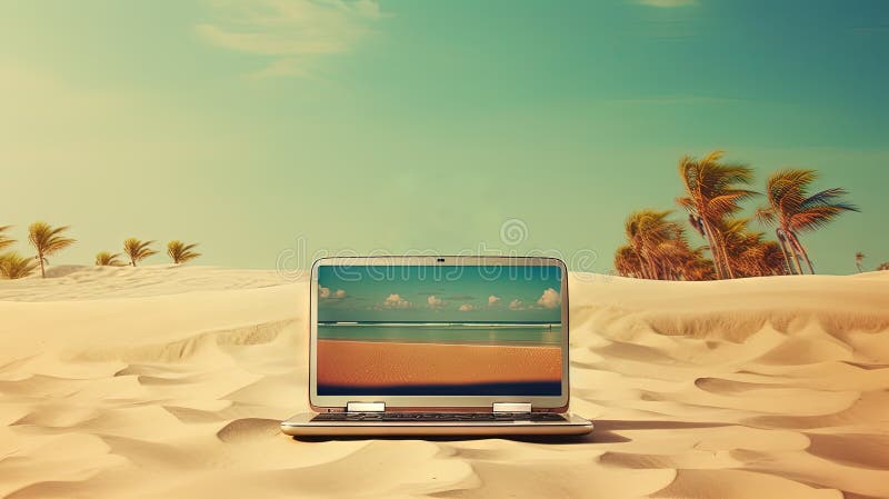 Relaxing Beach Scene with Laptop on the Sand. Retro Styled Vacation or ...