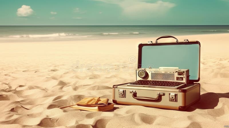 Relaxing Beach Scene with Laptop on the Sand. Retro Styled Vacation or ...