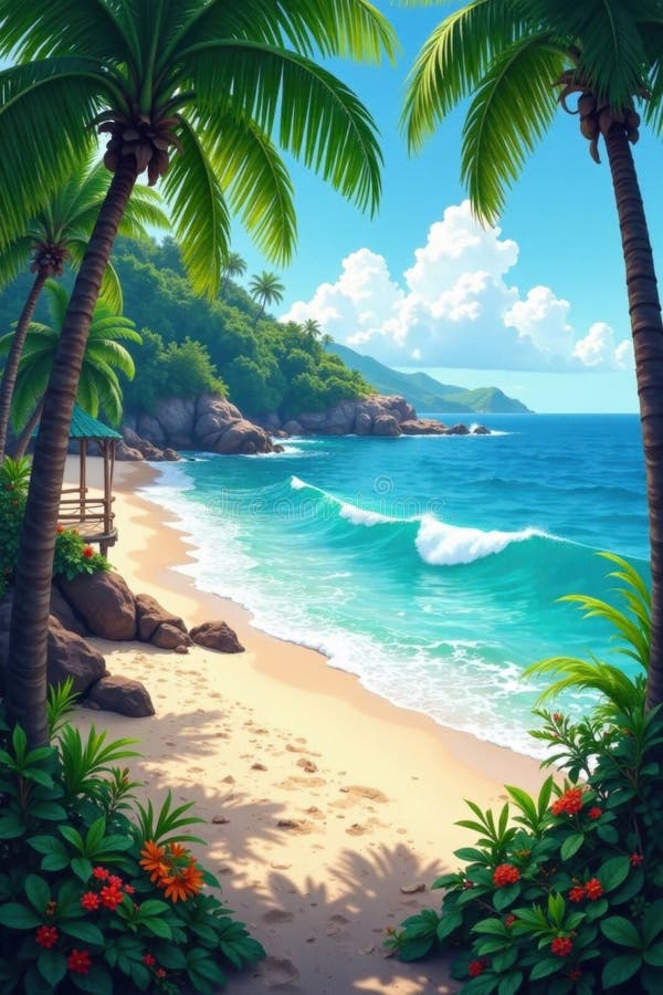 Relaxing Beach Scene with Lush Foliage, Surfing Waves, and Playful ...