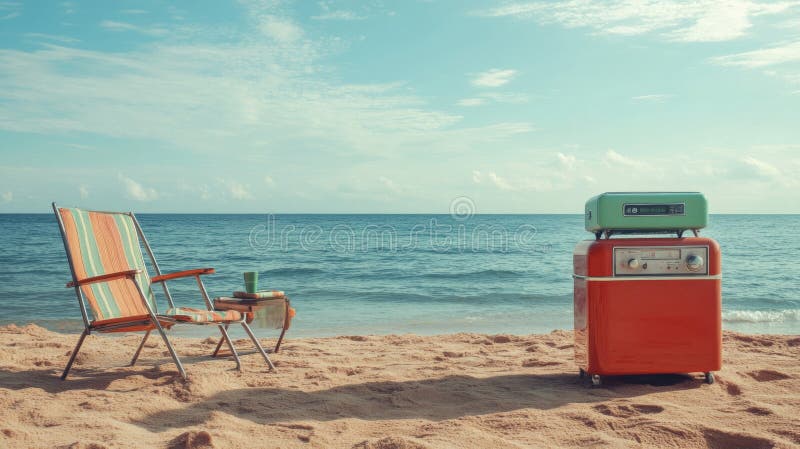 Relaxing Beach Scene with Retro Cooler and Chairs Stock Illustration ...