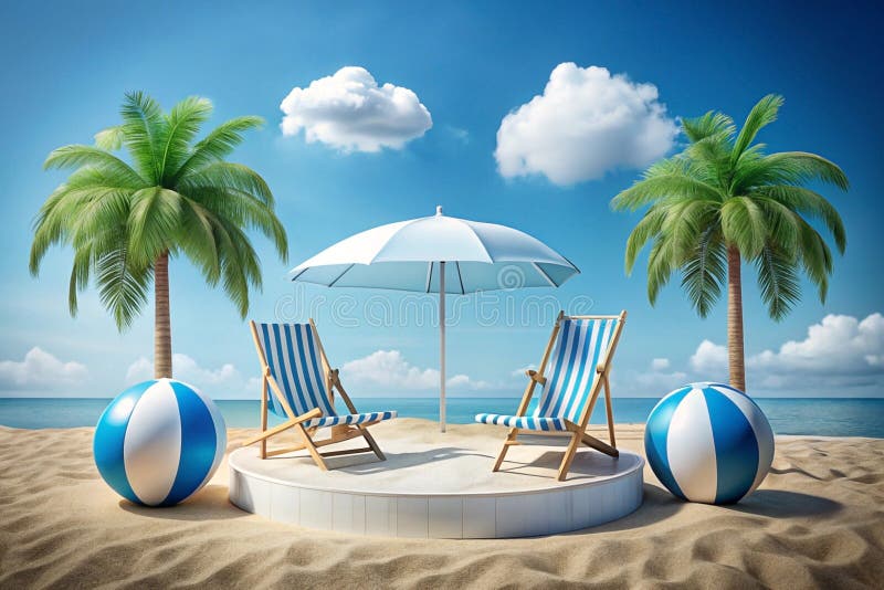 Relaxing Beach Scene with Two Lounge Chairs, Beach Balls, and a Parasol ...