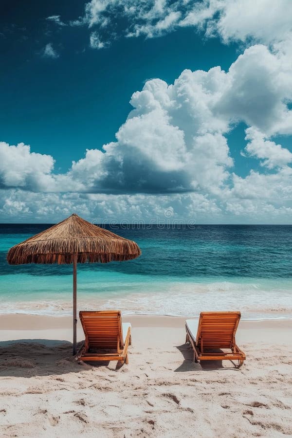Relaxing Beach Setting with Straw Umbrellas and Deck Chairs by the Calm ...