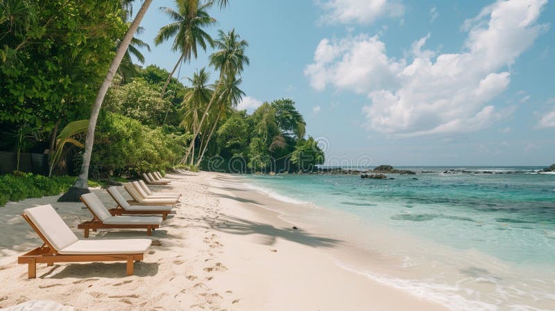 Relaxing Beach Vacation with Sun Loungers Set Up on Sandy Shore Stock ...