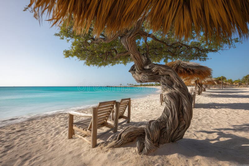 Relaxing Beachfront View with Lounge Chairs Under a Palm Tree during ...