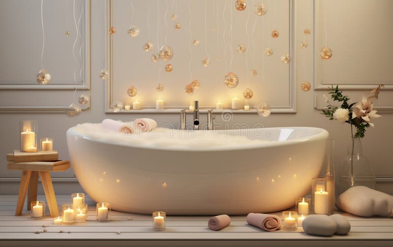 Relaxing Bubble Bath Scene with Candles and Music. AI Stock ...