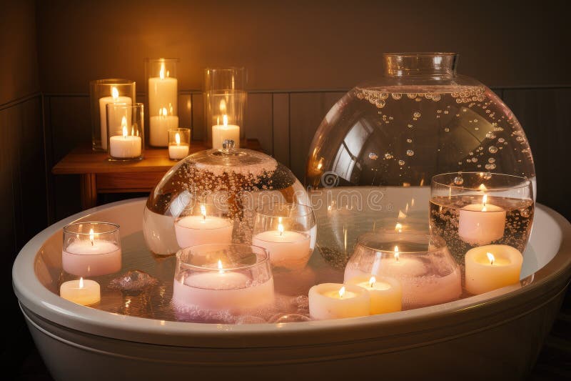 Relaxing Bubble Bath with Scented Candles and Soothing Music Stock ...