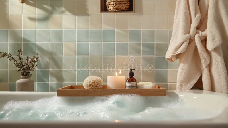 Relaxing Bubble Bath Setup with Candles and Spa Products in a Serene ...